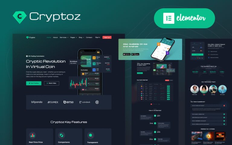 Cryptoz - Cryptocurrency Landing Page Elementor WordPress Theme - Template Witch