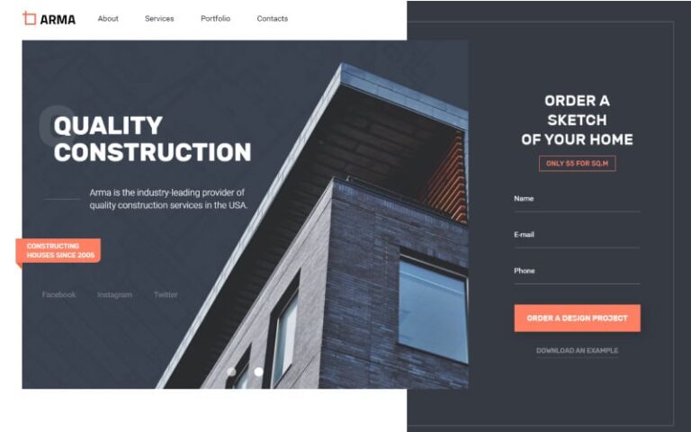 ARMA - Construction One Page Clean HTML Landing Page Template - Template Witch