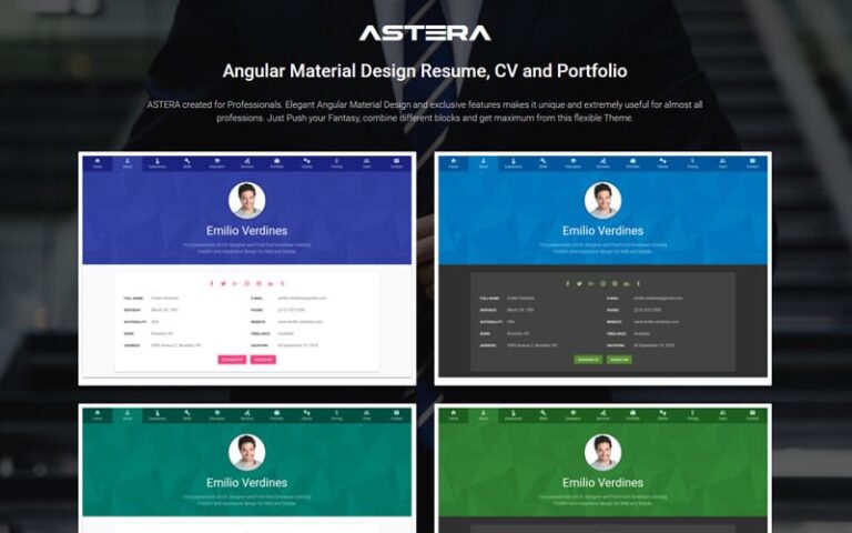 Astera - Resume, CV and Portfolio Angular Material Design Website Template - Template Witch