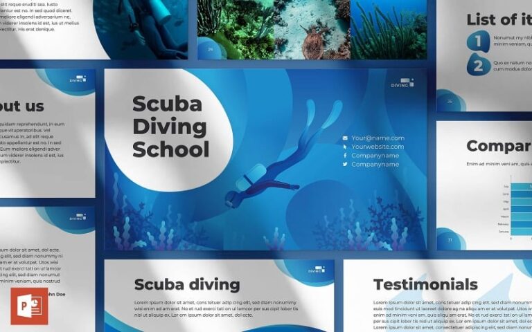 Diving School Presentation PowerPoint template - Template Witch