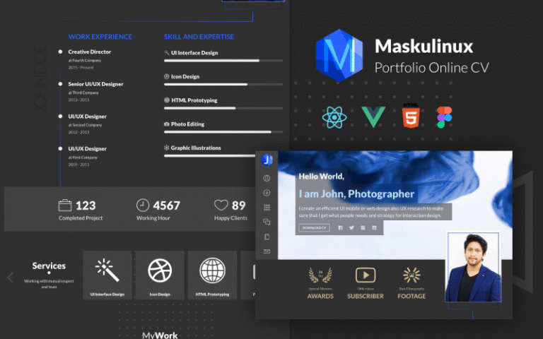 Maskulinux - React Vue HTML and Figma Portfolio Resume CV Template - Template Witch